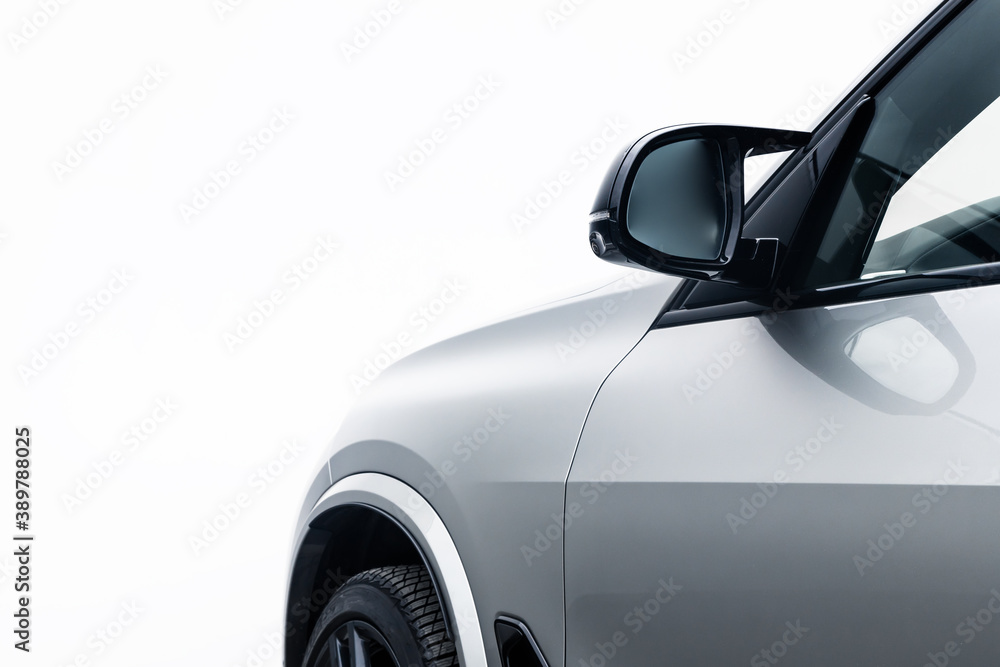 Mock-up, banner for car advertising. Silver new car side view: fender ...