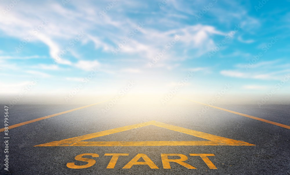 Road with start arrow sign for to light hope and freedom on blue sky ...