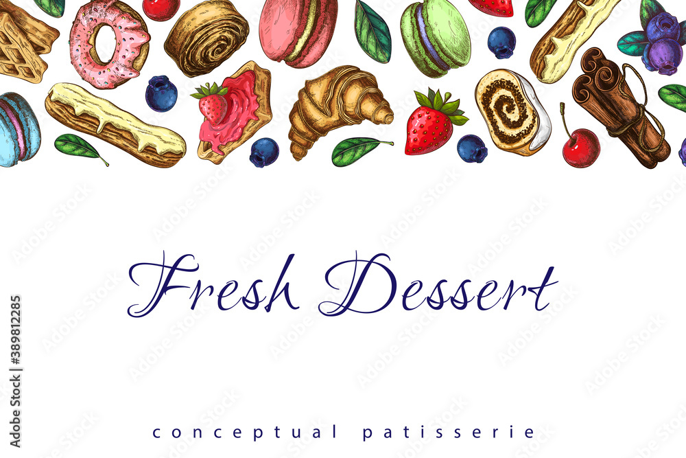 Bakery horizontal banner, border or frame with desserts, berries ...