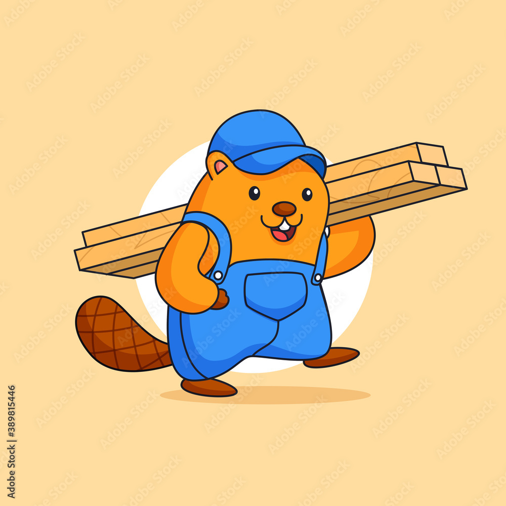 Happy cute beaver carrying bulk wood vector illustration for carpenter ...