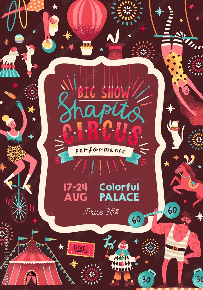 Vetor de Vintage invitation template for shapito performance with ...