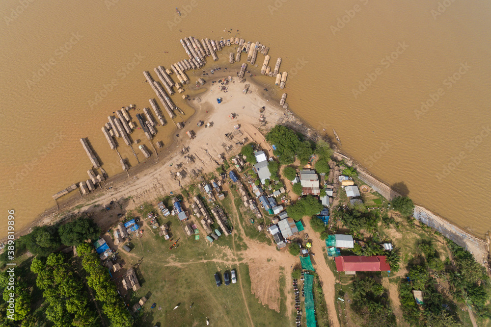 Koh Dach - Silk Island local beach, Island on Mekong river in Phnom Penh Cambodia Asia Aerial ...
