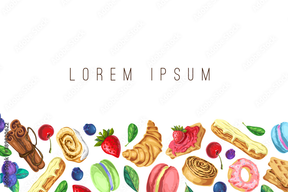 dessert, pastry horizontal banner, border or frame with desserts ...