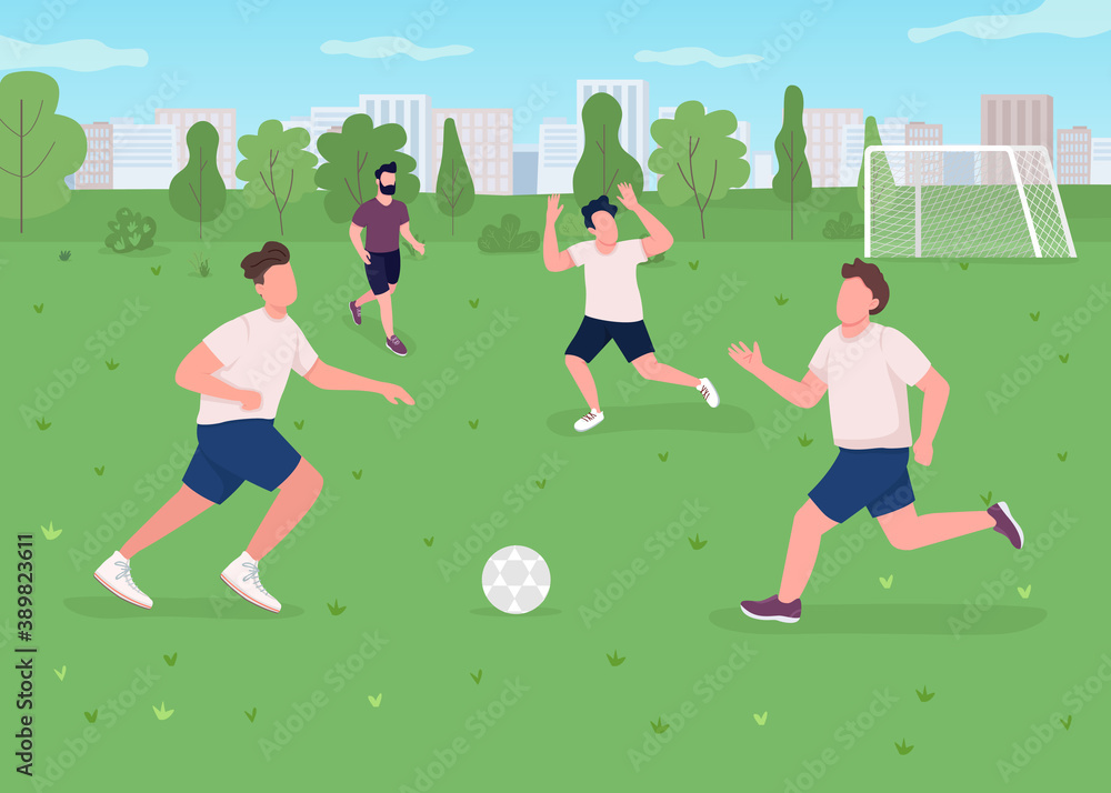 Outdoor football match flat color vector illustration. Sportsman ...