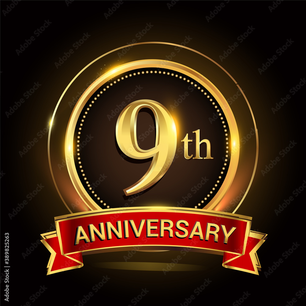 9th golden anniversary logo with ring and red ribbon. Vector design ...