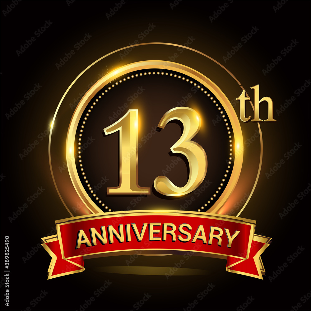13th golden anniversary logo with ring and red ribbon. Vector design ...