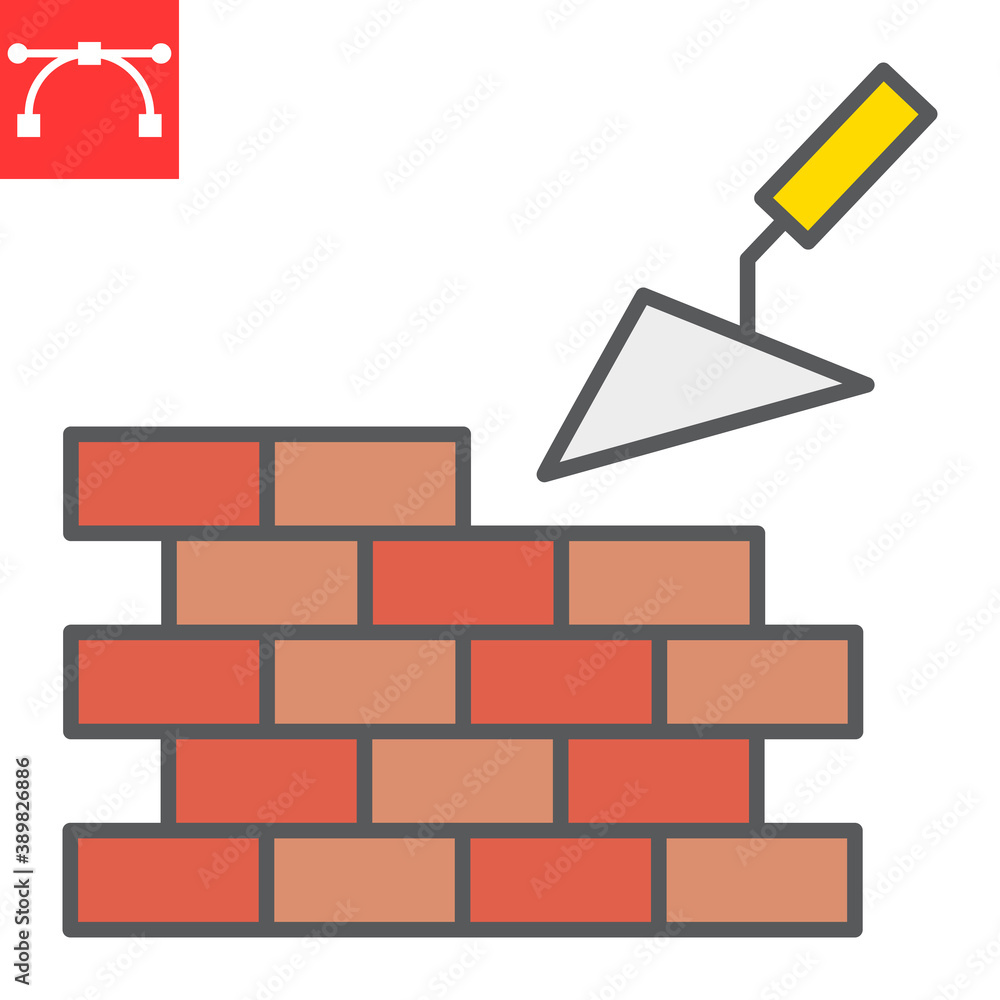 Brickwork color line icon, construction and trowel, build brick wall ...
