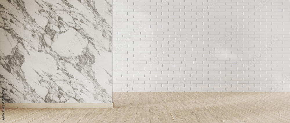 Interior background of empty room with brick wall, and marble wall 3d ...