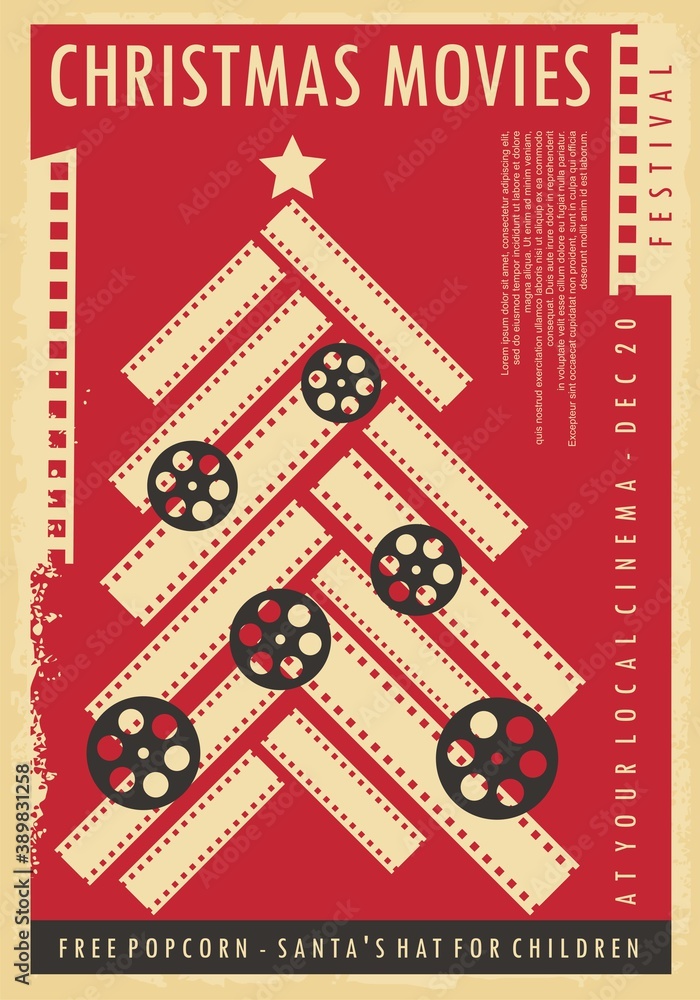 Christmas movie show retro poster design with Christmas tree made from ...