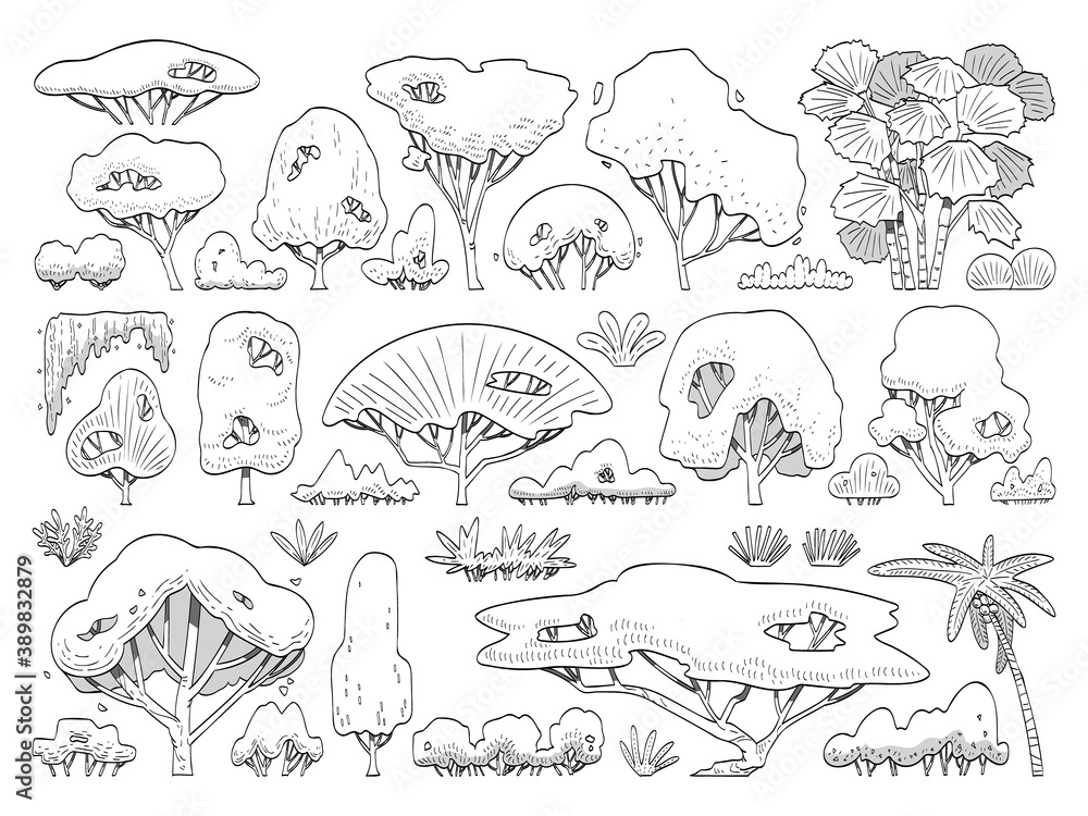vector of side view tree set, hand drawn sketch isolated on white ...