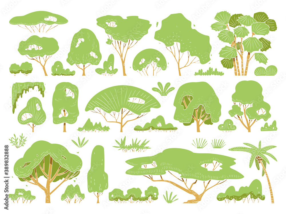 vector of side view tree set, hand drawn sketch isolated on white ...