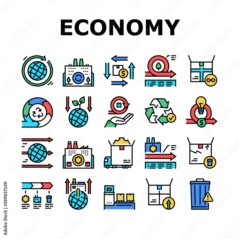Circular And Linear Economy Model Icons Set Vector. Eco Friendly Plant ...