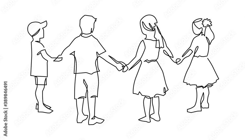 Group of young children holding hands continuous one line drawing ...