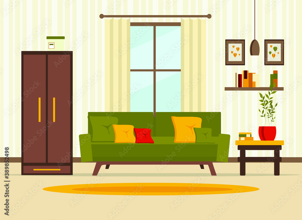 living room interior with furniture, table, window, shelves with books ...
