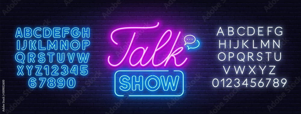Talk show neon sign on brick wall background. White and blue neon ...