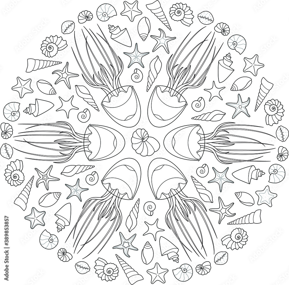 sea mandala with shells and jellyfish black and white illustration for ...