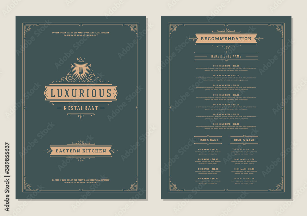 Menu design template with cover and restaurant vintage logo vector ...