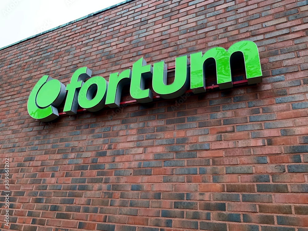 Fortum logotype. Fortum hydropower plant. Finnish state-owned energy ...