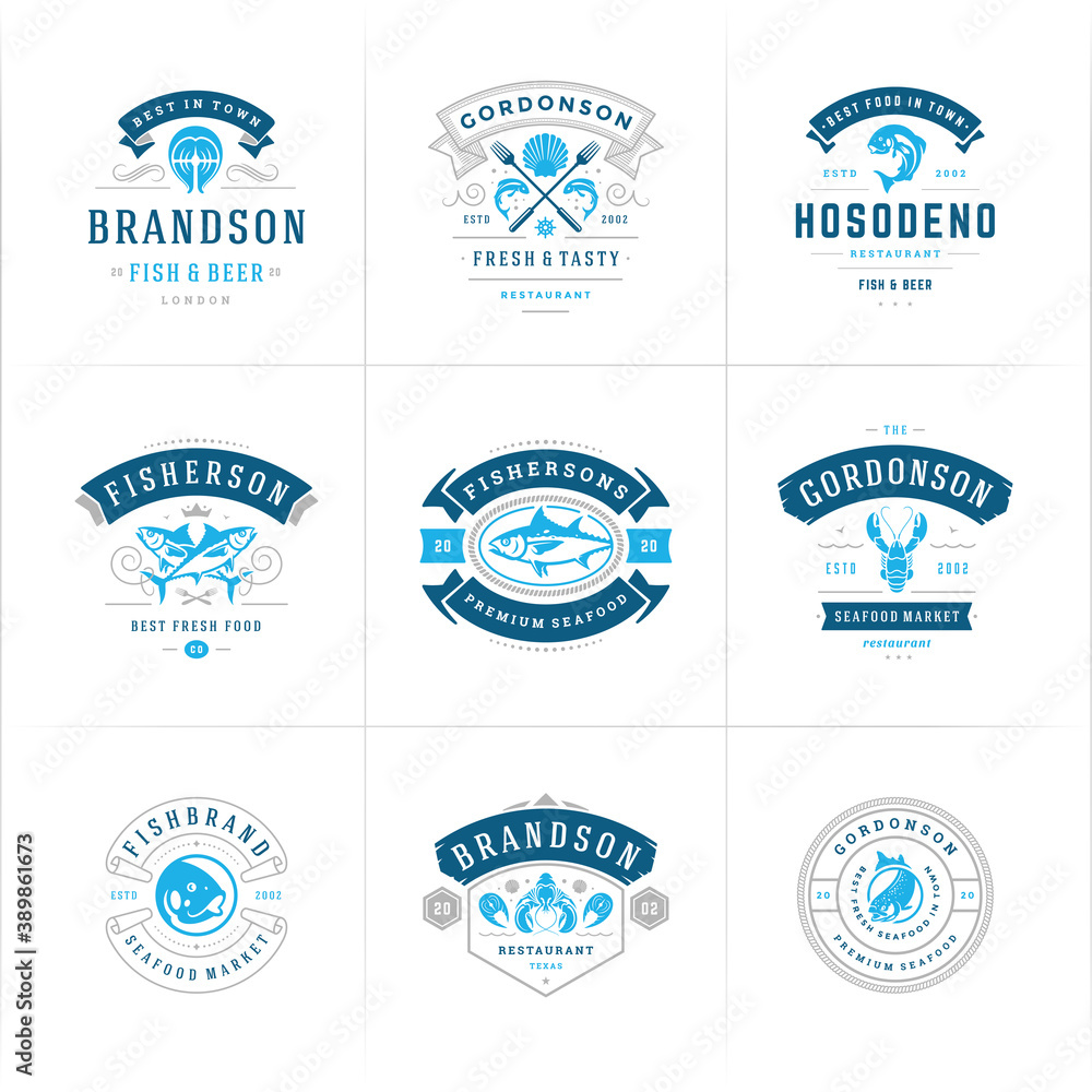 Seafood logos or signs set vector illustration fish market and ...