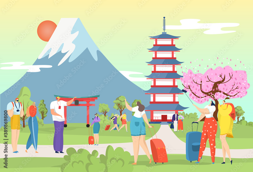 City tourist travel at flat culture Japan landmark, tourism vector ...