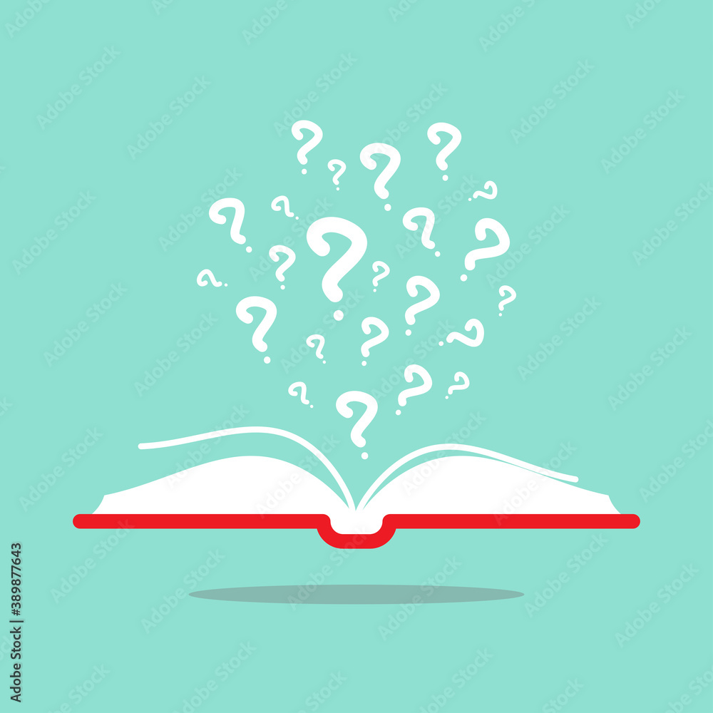 Open book with red book cover and white question marks flying out ...