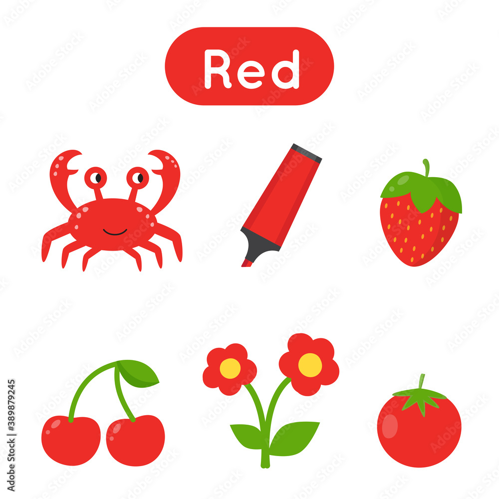 Flash cards with objects in red color. Educational printable worksheet ...