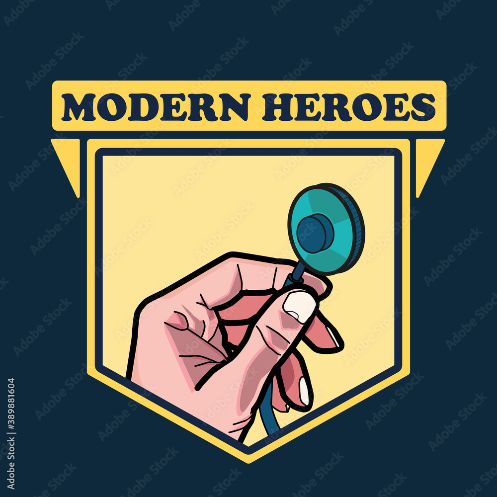 Doctors are modern heroes. Logo, poster or flyer of a hand of a doctor ...