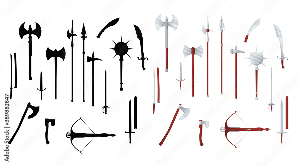 Medieval war type of weapon, set icon crossbow, sword, axe, pike mace ...