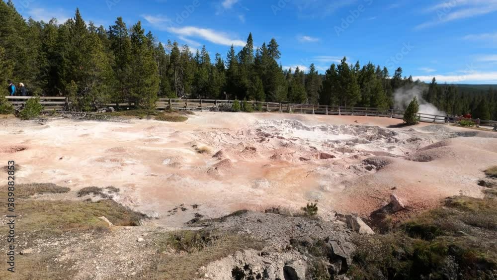 Yellowstone walking boardwalk boiling mud pots geyser POV. Geyser ...
