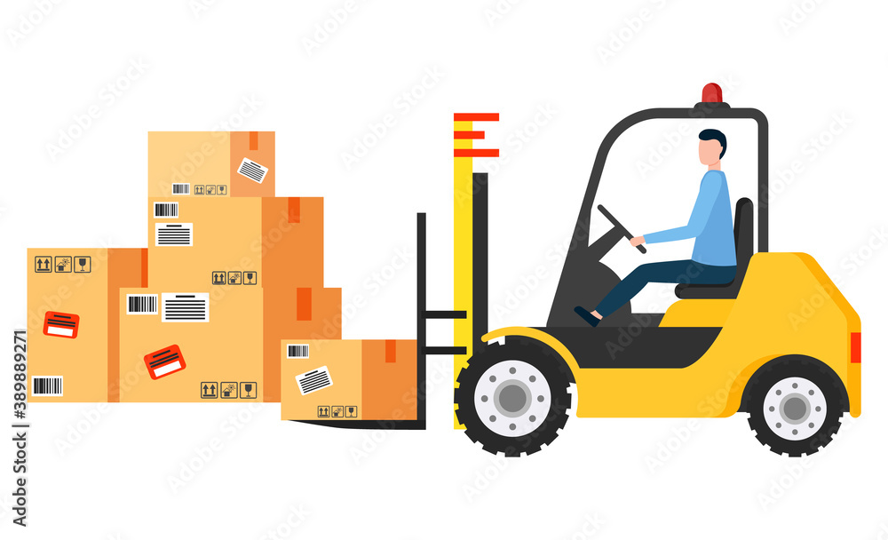 Forklift machine with man driver load and unload packages. Powered ...