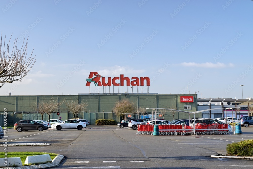 Leers,FRANCE-January 19,2020: View of Auchan supermarket logo and ...