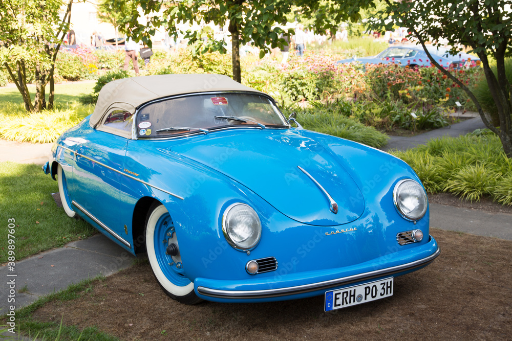Jüchen, Germany - August 2019. Front / side view of a rare light blue ...