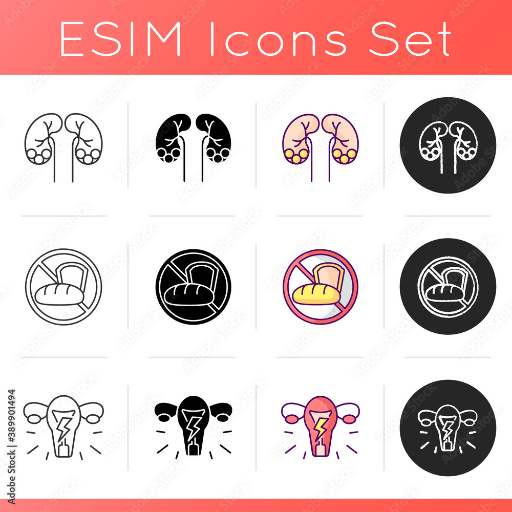 Digestive disorders icons set. Kidney stone disease. Gluten intolerance ...