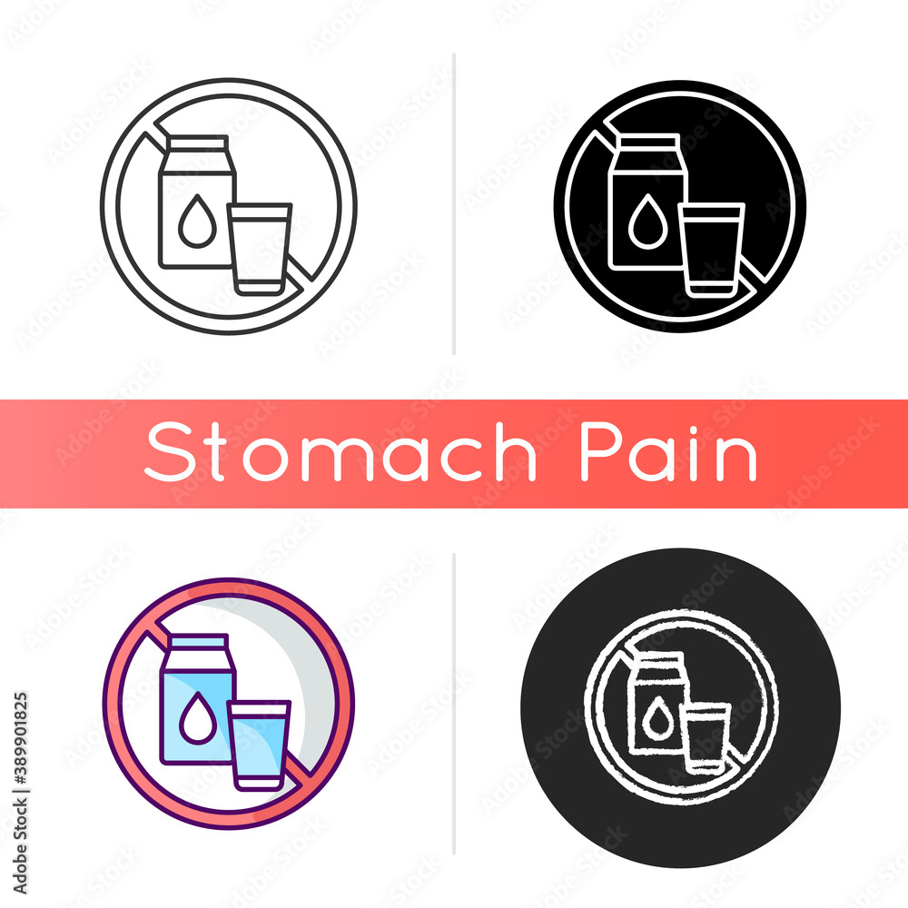 Lactose intolerance icon. Digestive disorder. Dairy products. Enzyme ...
