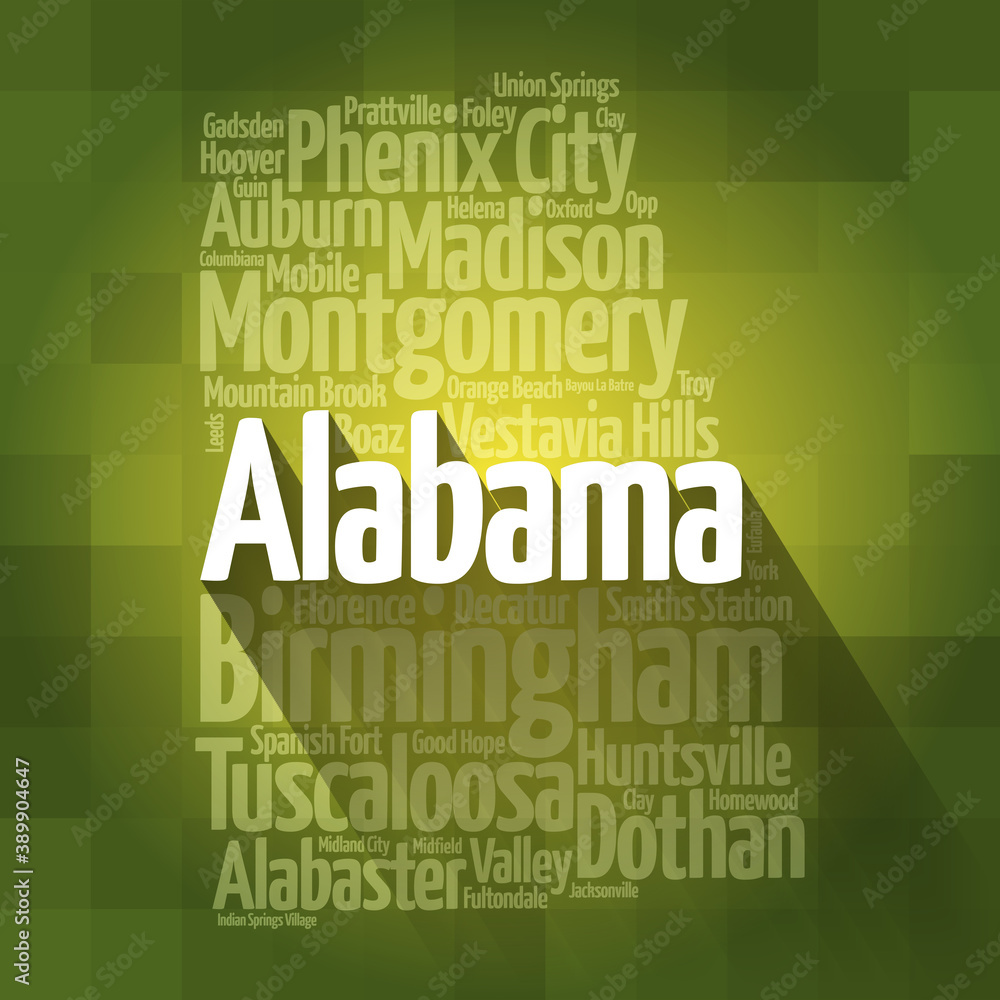 List of cities in Alabama USA state, map silhouette word cloud map ...