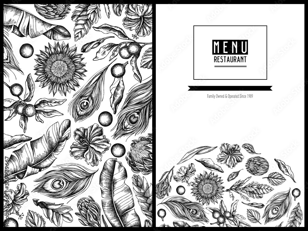 Menu cover floral design with black and white banana palm leaves ...