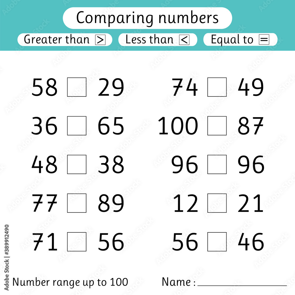 Comparing numbers. Less than, greater than, equal to. Worksheet for kids. Number range up to 100 ...