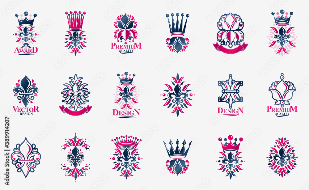 Heraldic Coat of Arms with Lily Flower and crowns symbol vector big set ...