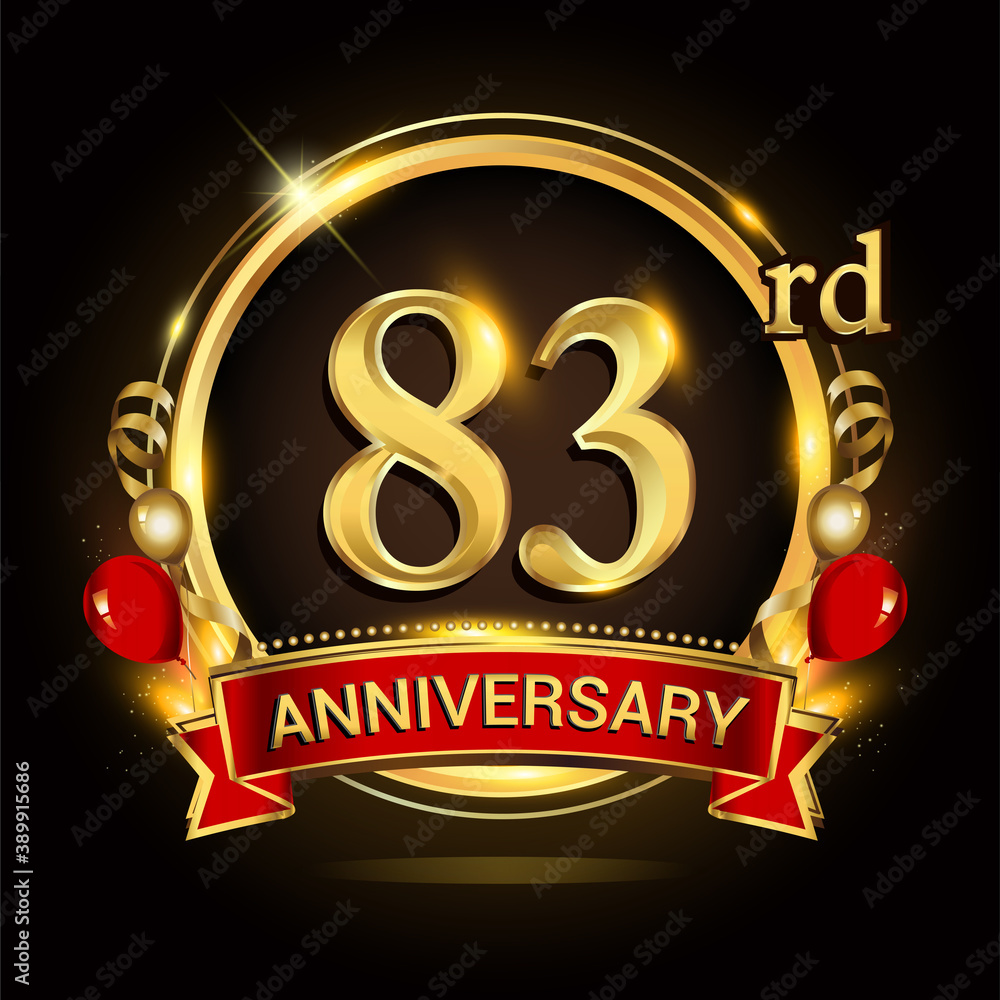 83rd anniversary logo with golden ring, balloons and red ribbon. Vector ...