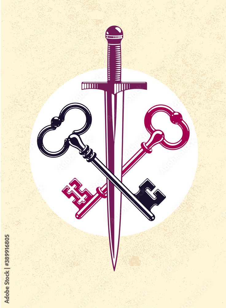 Crossed keys and dagger vector symbol emblem, turnkeys and sword ...