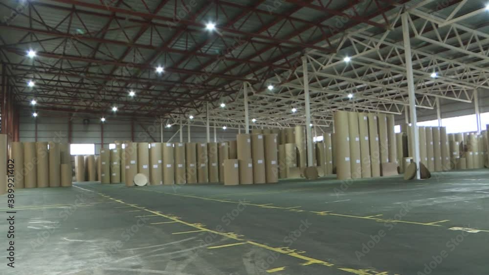 Warehouse of a cardboard and paper factory. Recycling of paper waste ...