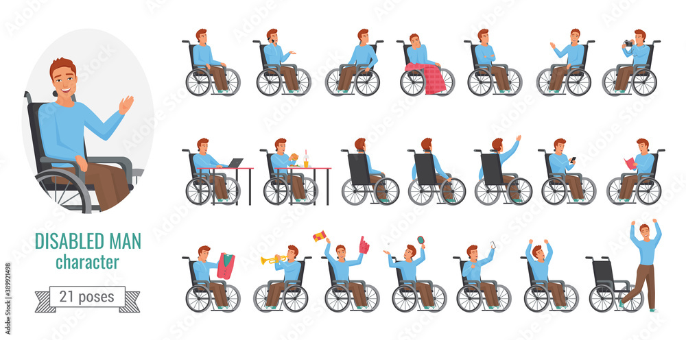 Disabled man poses vector illustration set. Cartoon disable boy ...