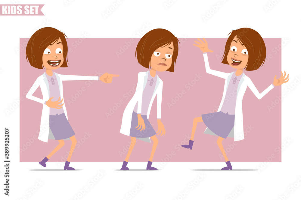 Cartoon flat funny little scientist doctor girl character in white ...