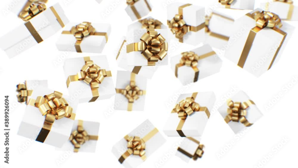 Beautiful Endless White Gift Boxes with Golden Ribbons and Bows Falling ...