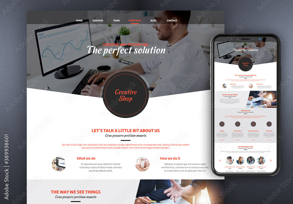 Website Layout with Red and Gray Accents Stock Template | Adobe Stock