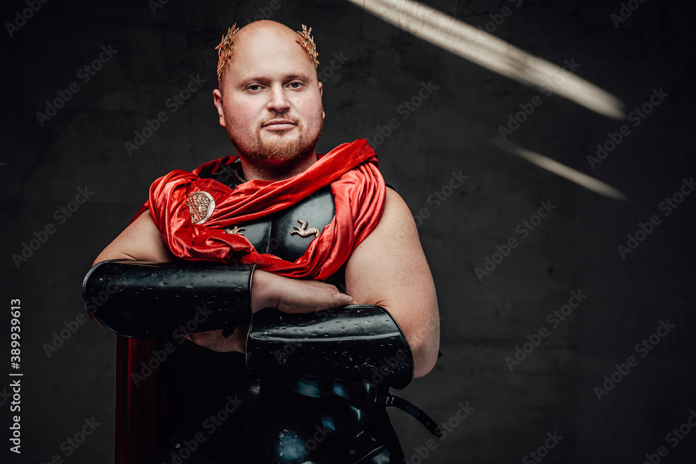 Bald roman elite and handsome human with wreath on his head and dark ...