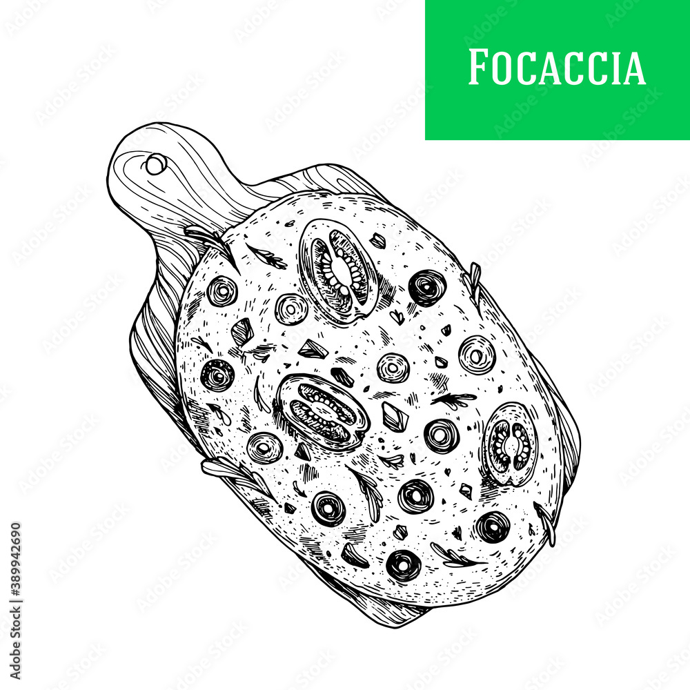 Italian focaccia hand drawn vector illustration. Focaccia top view ...