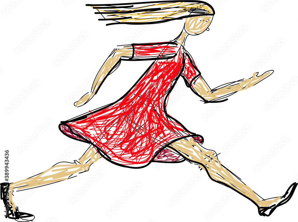 Vector graphics-imitation of a freehand drawing: running girl in red ...