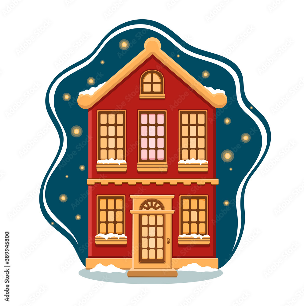 Cartoon winter house covered with snow on night background. Vector ...
