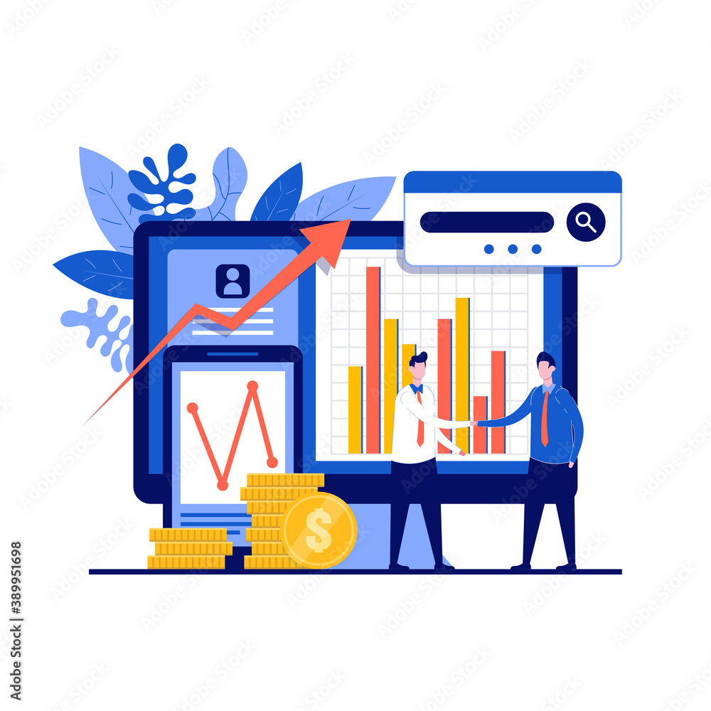 Business analysis concept with character. Investment and virtual ...